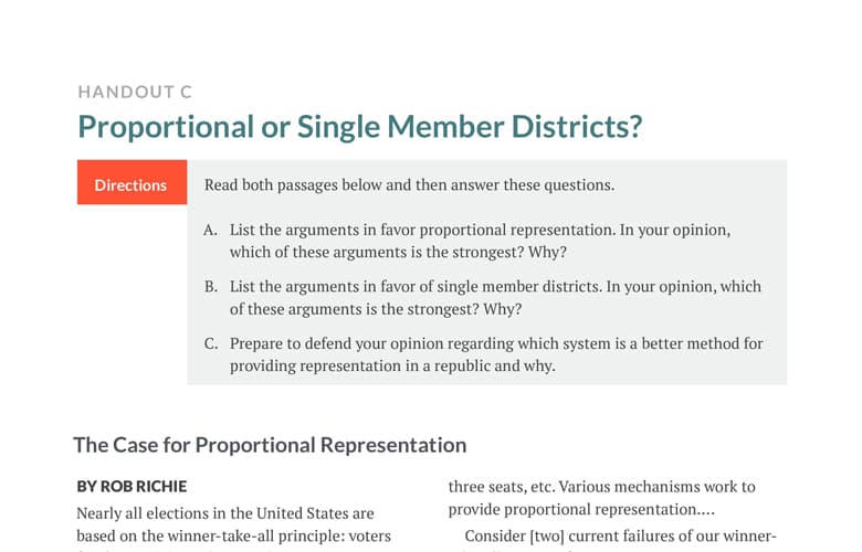 Handout C: Proportional or Single Member Districts? | Bill of Rights ...