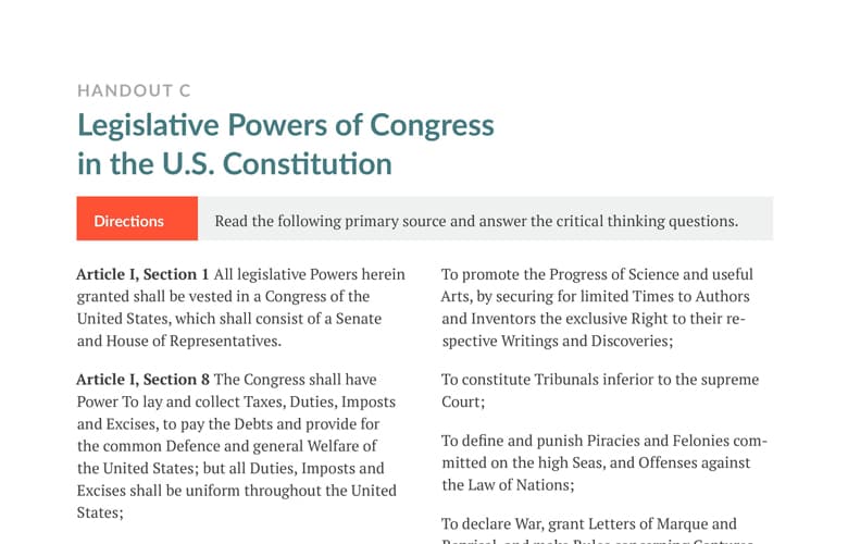 Handout C: Legislative Powers of Congress | Bill of Rights Institute