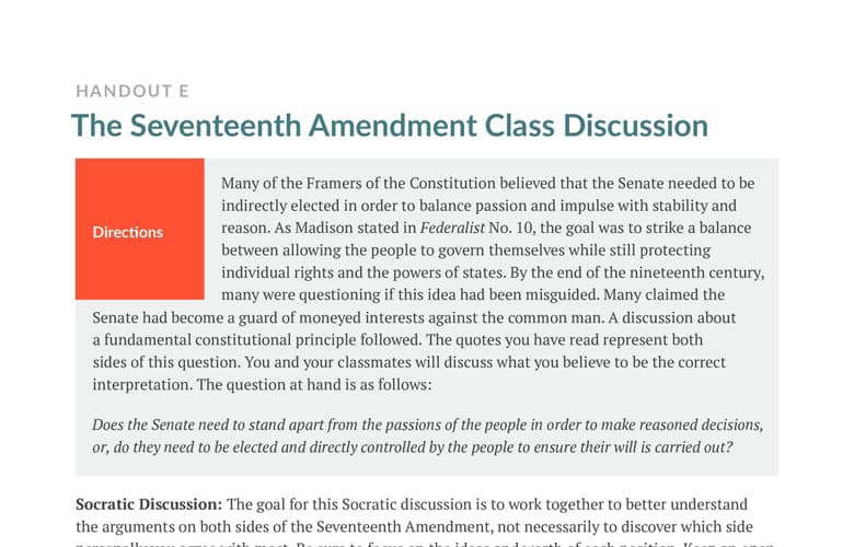 Handout E: The Seventeenth Amendment Class Discussion | Bill of Rights ...