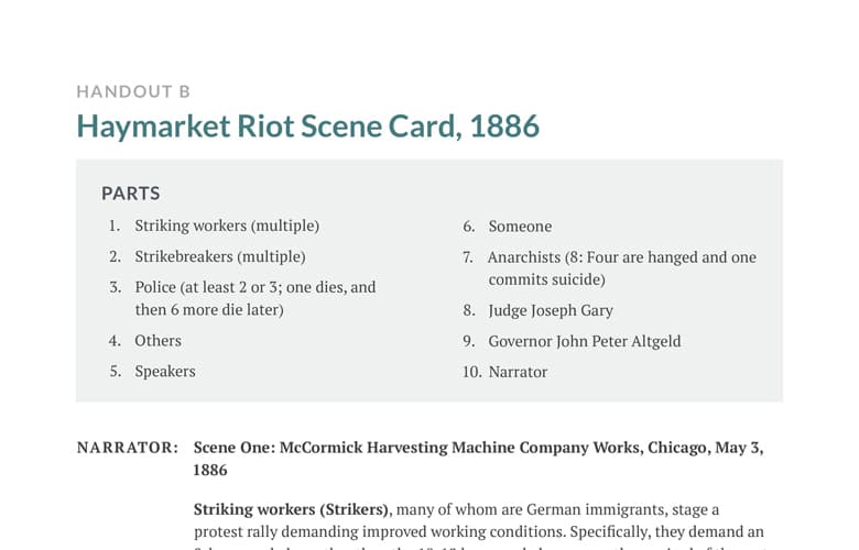 Handout B: Haymarket Riot Scene Card 1886 | Bill of Rights Institute
