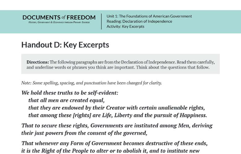 Handout D: Key Excerpts (Declaration of Independence) | Bill of Rights ...