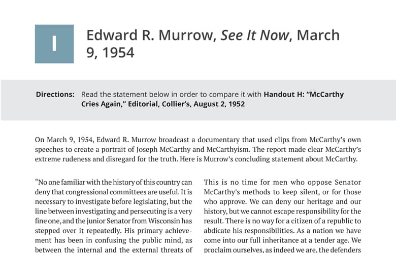 Handout I: Edward R. Murrow, See It Now, March 9, 1954 | Bill of Rights ...